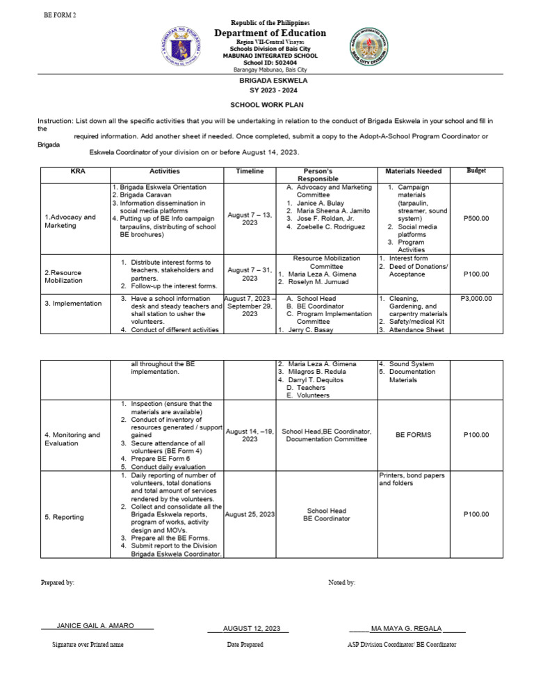 BS Form 2 School Work Plan | PDF