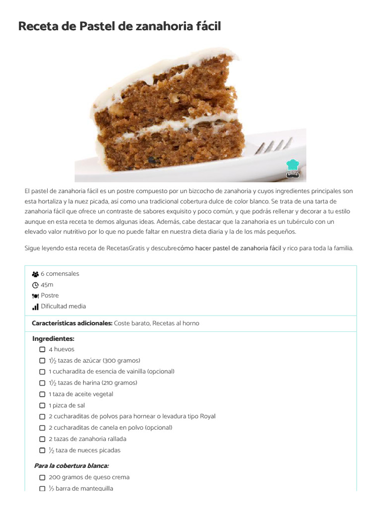 Pastel de Zanahoria Fácil | PDF | Pasteles | Postres