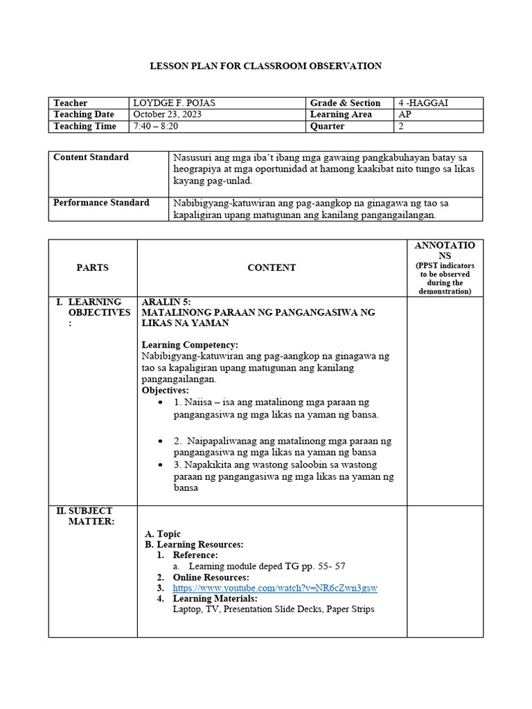 Sample Lesson Plan For Observation | PDF