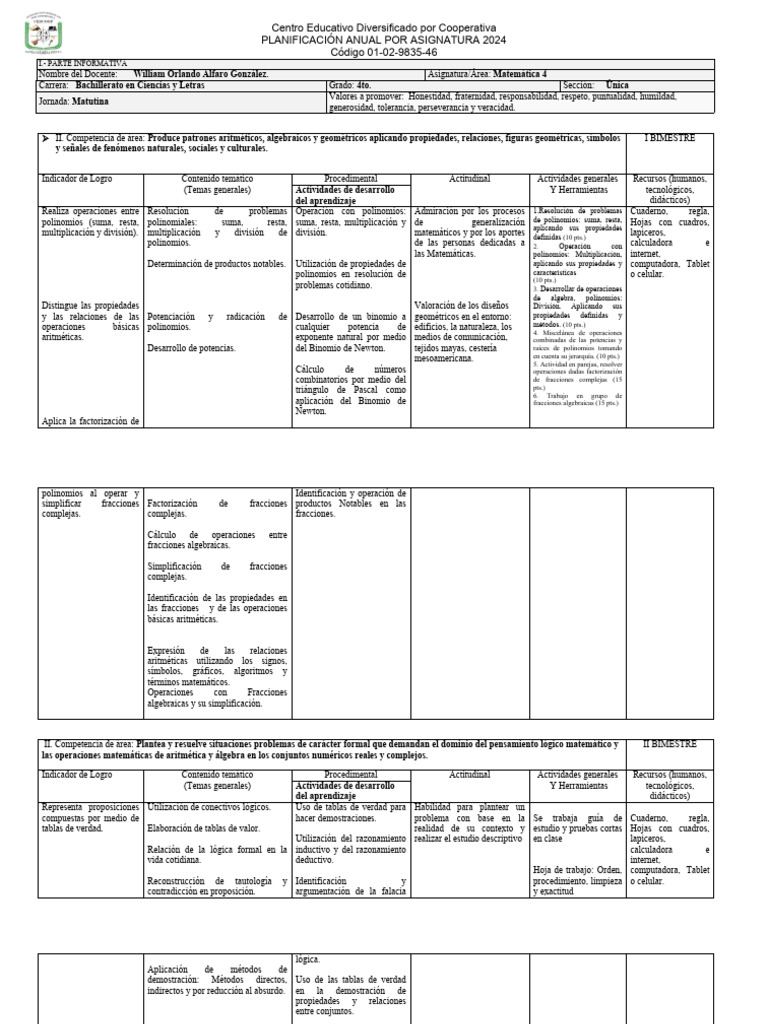 Planificaci - N Anual 2024 Mate 4 | PDF | Geometría | Ecuaciones