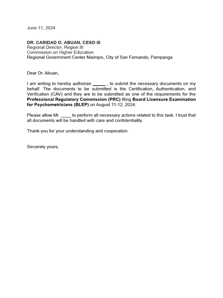 Authorization for CAV Submission for BLEP | PDF