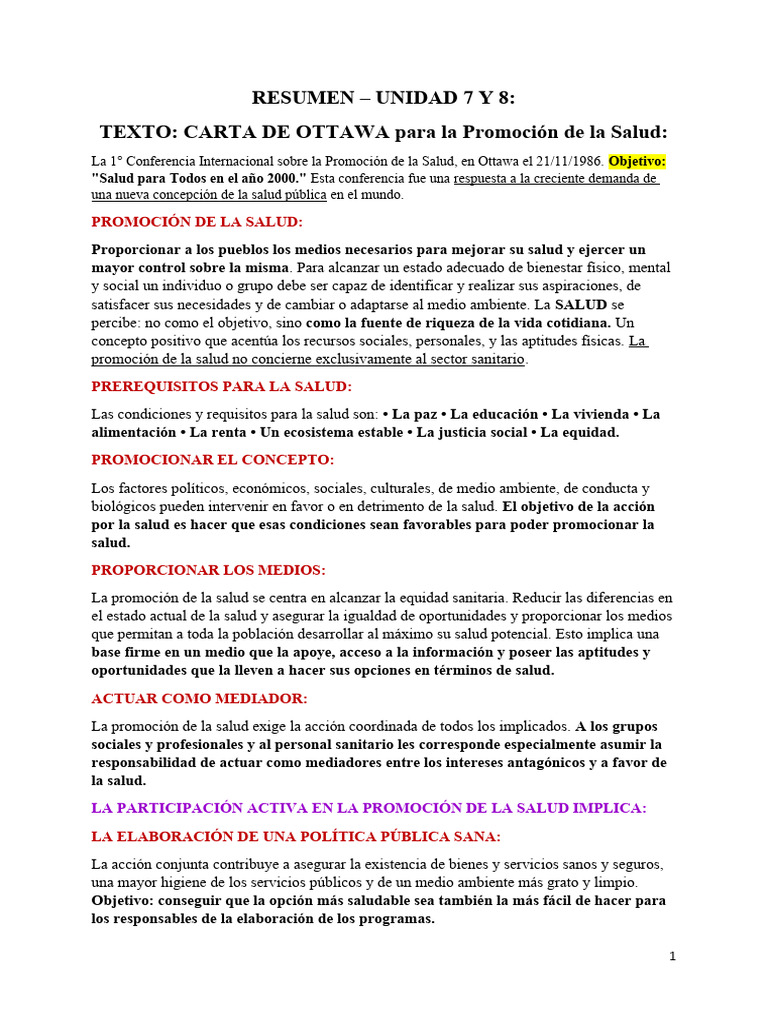 RESUMEN UNIDAD 7 y 8 - CARTA OTTAWA | PDF | Promoción de la salud ...