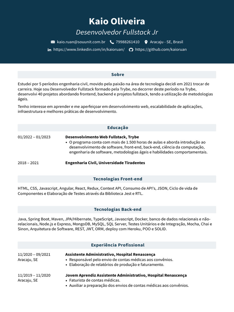 Kaio Oliveira CV | PDF | Script Java | Desenvolvimento de software