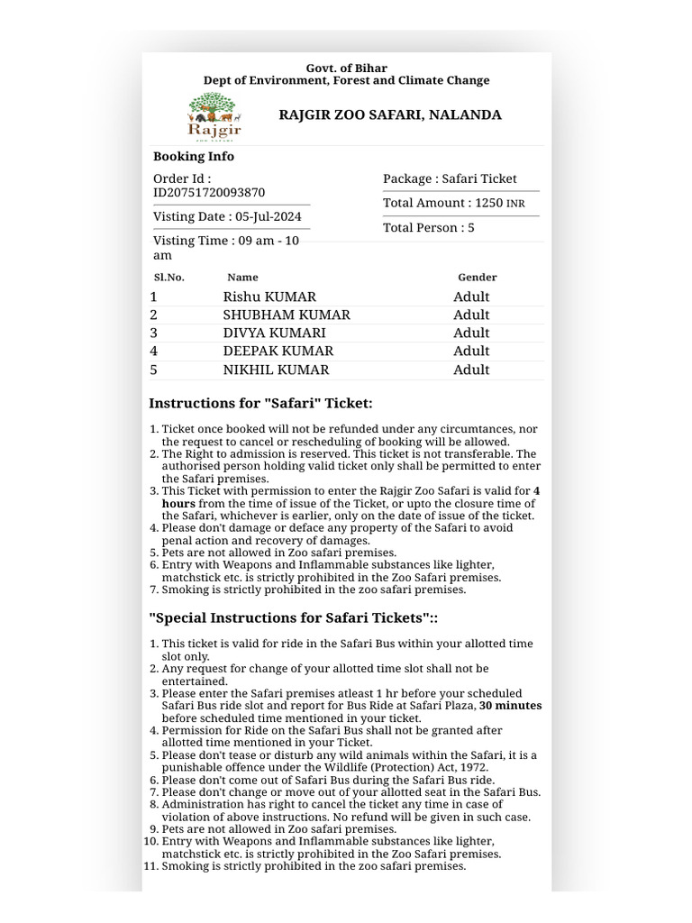 ID20751720093870 - Rajgir Zoo Safari Ticket RISHU | PDF