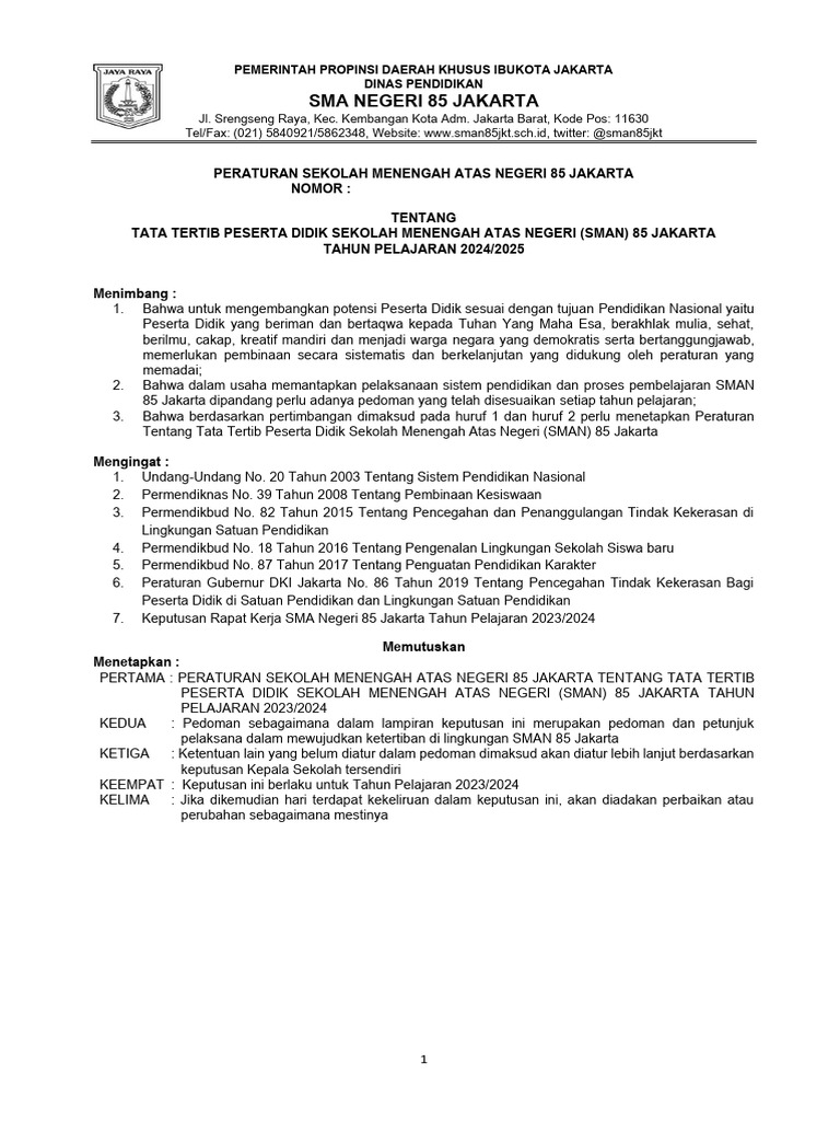 Tata Tertib SMAN 85 Jakarta 2024/2025 | PDF