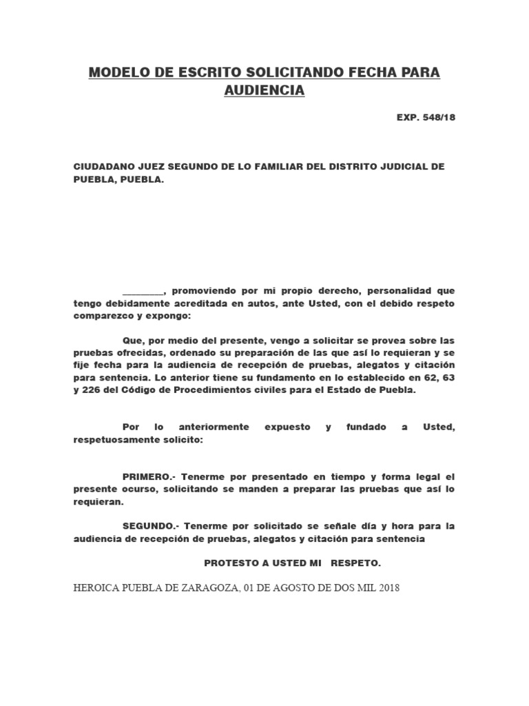 MODELO DE ESCRITO SOLICITANDO FECHA PARA AUDIENCIA | PDF