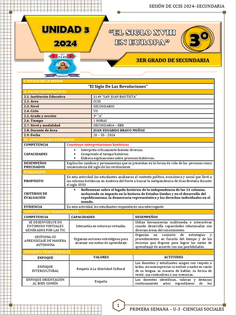 3º A Sesión Semana 1 Uni 3 - CCSS 2024 - Siglo de Las Revoluciones | PDF | Enseñando | Aprendizaje
