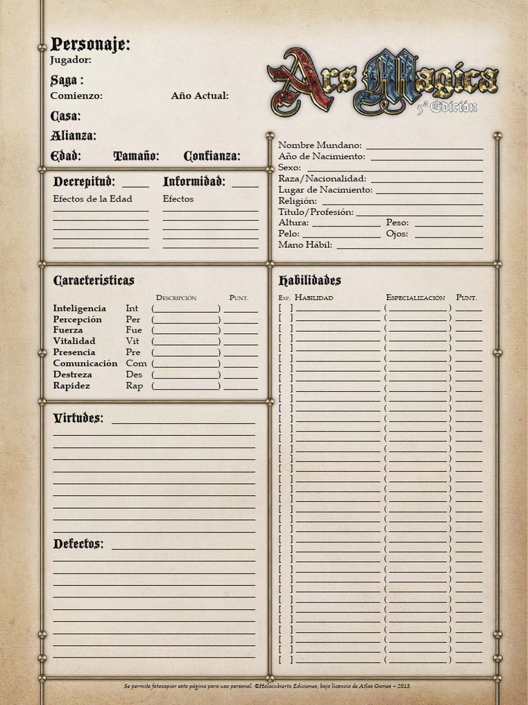 Ars Magica 5ed - Ficha PJ | PDF