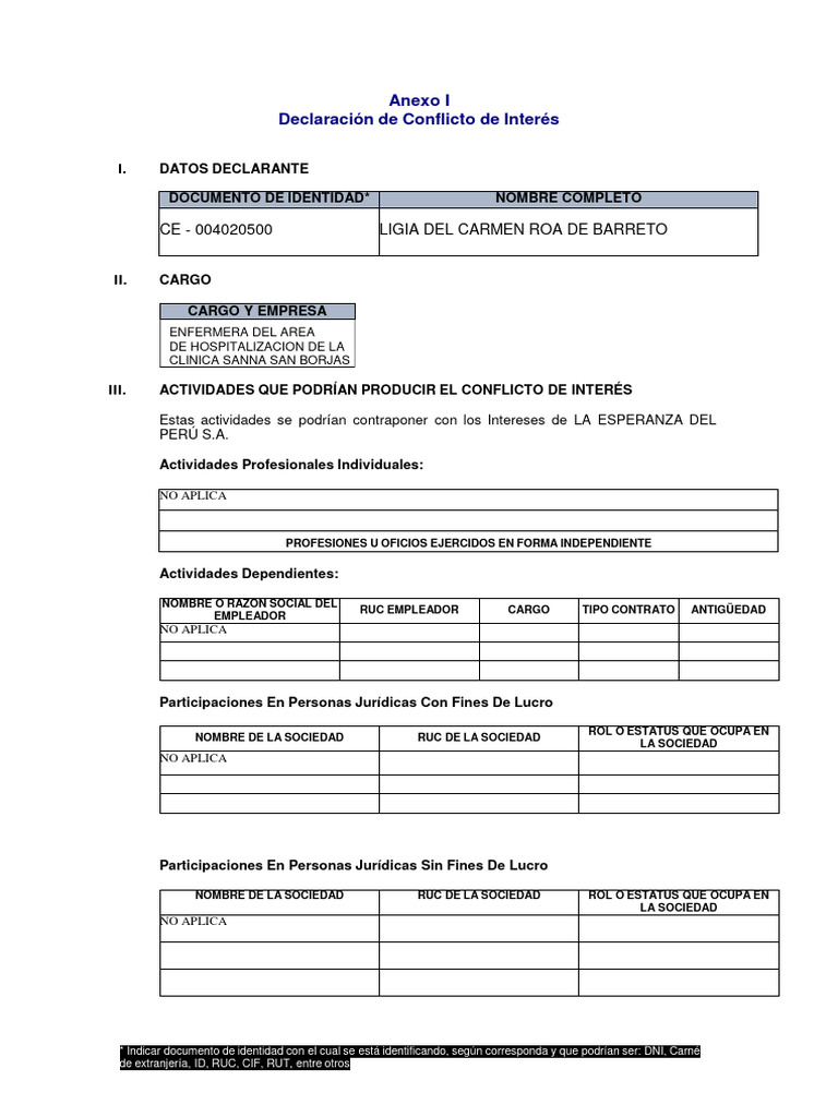 Formulario Declaración Conflicto de Interés Cargo | PDF | Documento de identidad | Business