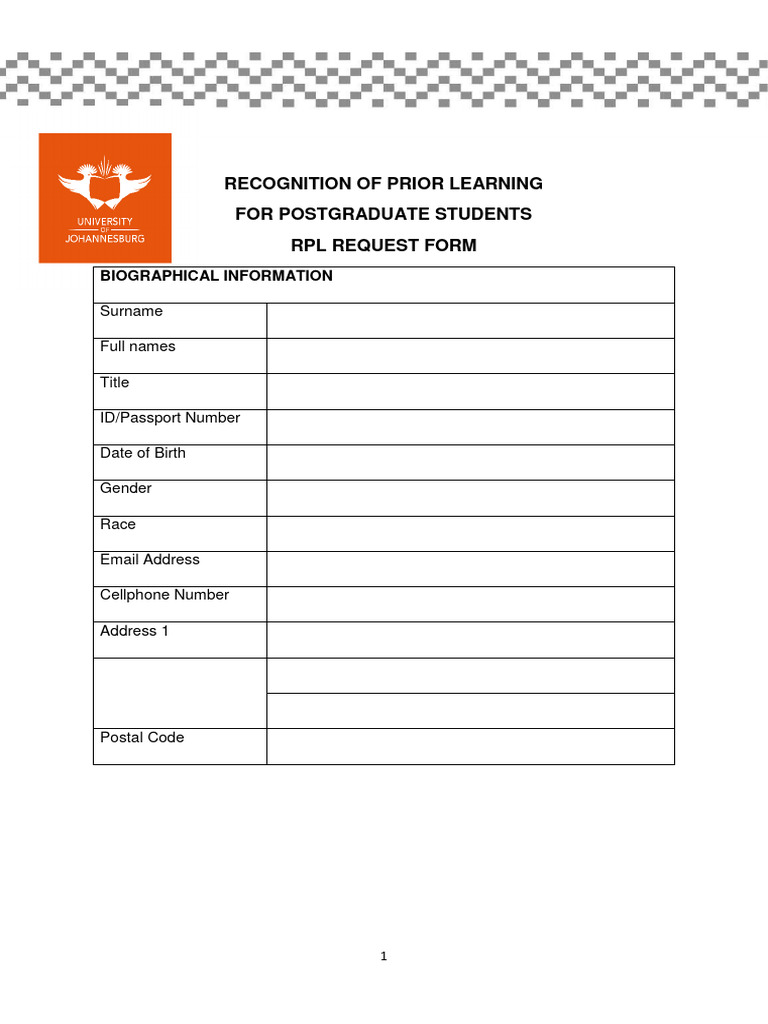 RPL Registration Form for UJ Postgraduates | PDF | Educational Stages