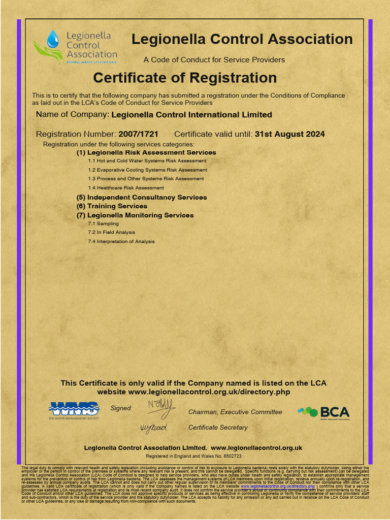 Legionella Control Association Compliance | PDF | Occupational Safety ...
