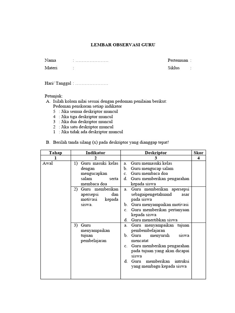 Lembar Observasi Guru | PDF