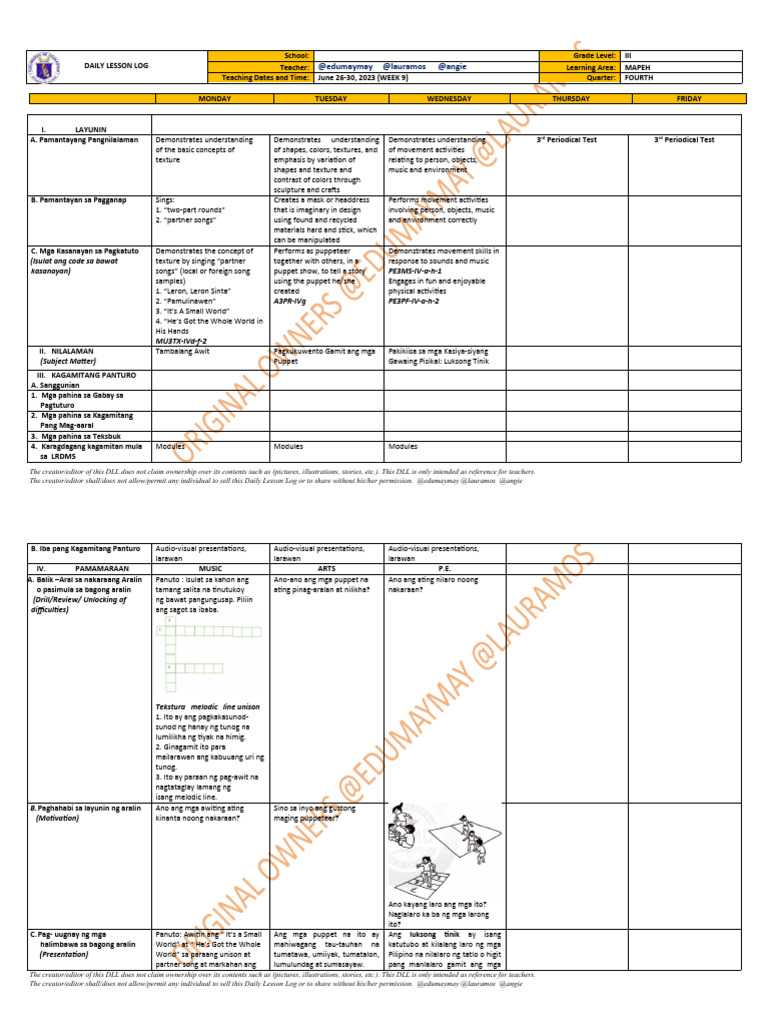 DLL - MAPEH 3 - Q4 - W9 - New@edumaymay@lauramos@angie | PDF