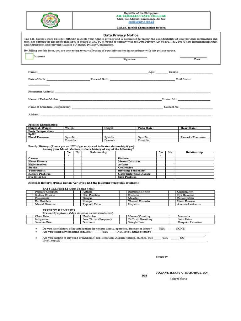 HEALTH EXAMINATION FORM (1) | PDF | Blood Pressure | Medical Specialties