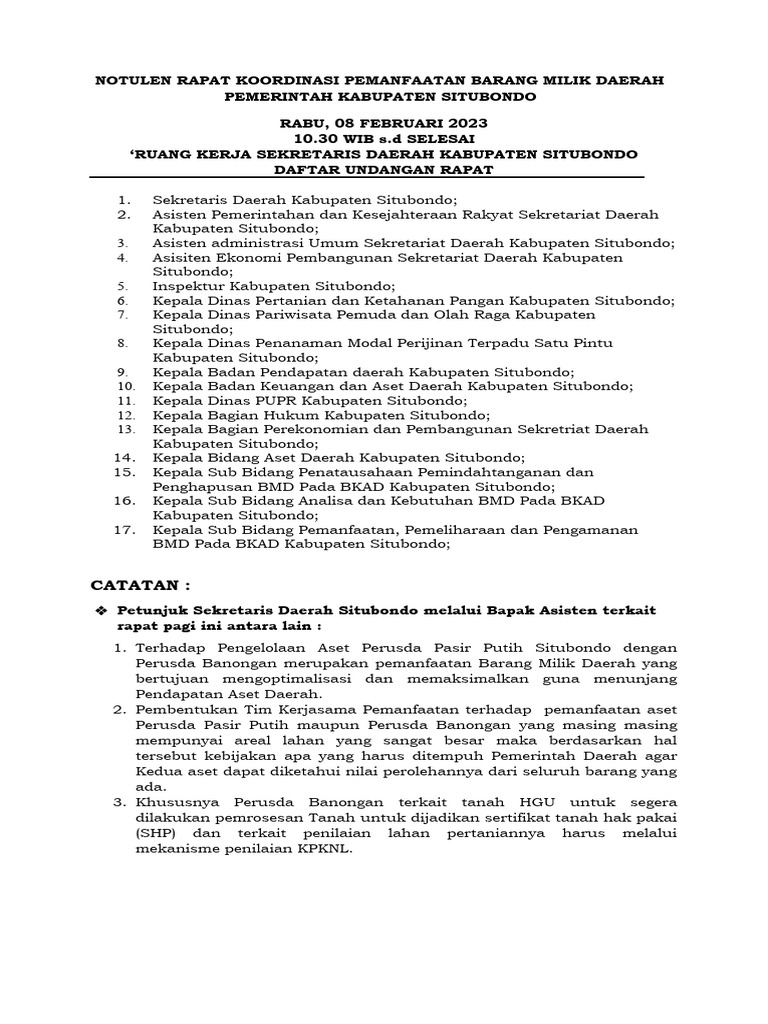 Notulen Rapat Koordinasi Pemanfaatan BMD 2023 | PDF