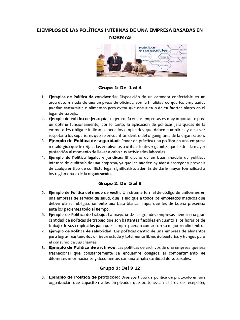 EJEMPLOS DE LAS POLÍTICAS INTERNAS DE UNA EMPRESA BASADAS EN NORMAS ... EJEMPLOS DE LAS POLÍTICAS INTERNAS DE UNA EMPRESA BASADAS EN NORMAS ...