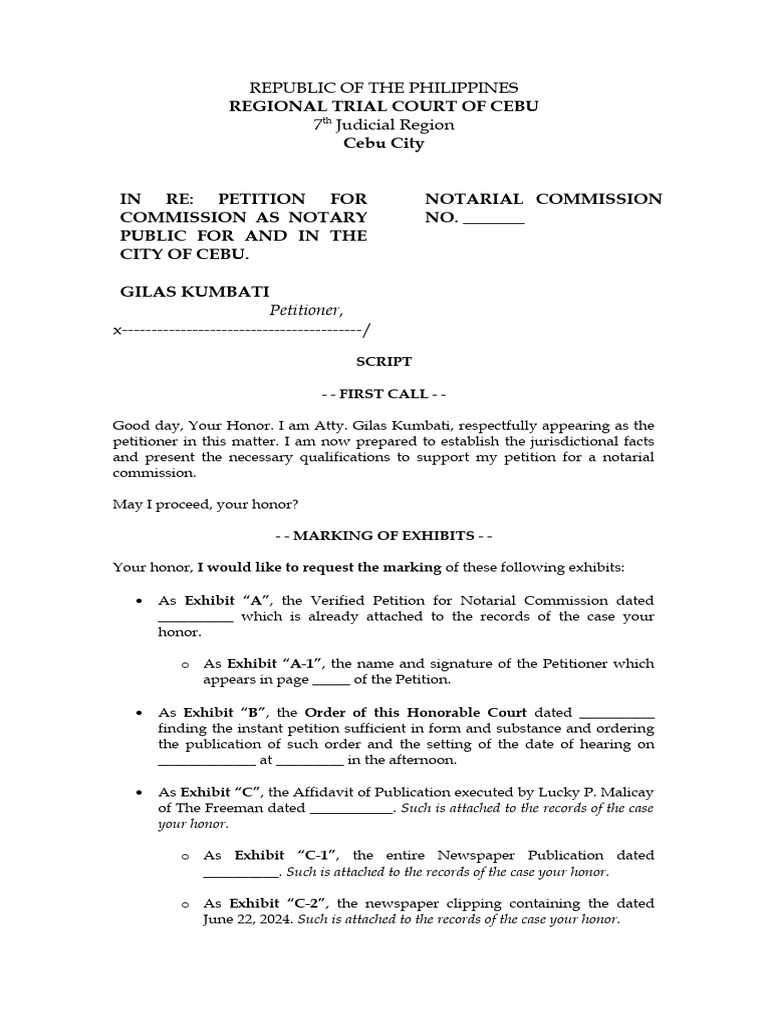 Script For Petition For Notarial Commission Hearing | PDF | Affidavit ...