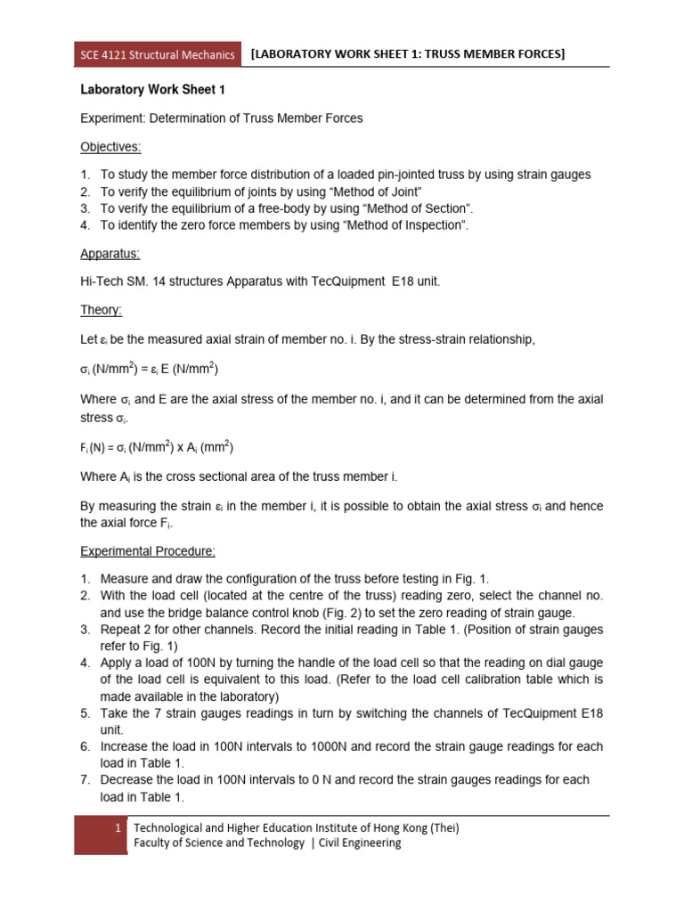 Truss Member Forces Laboratory Guide | PDF | Force | Deformation (Engineering)