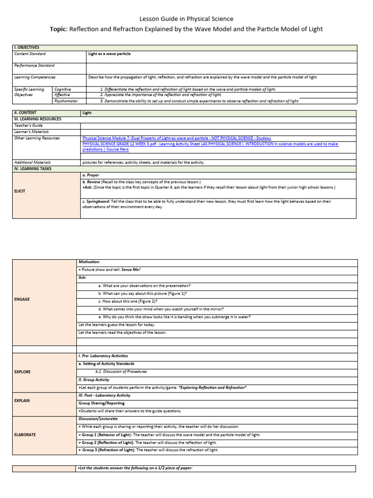 Lesson Guide in Physical Science | PDF | Light | Learning