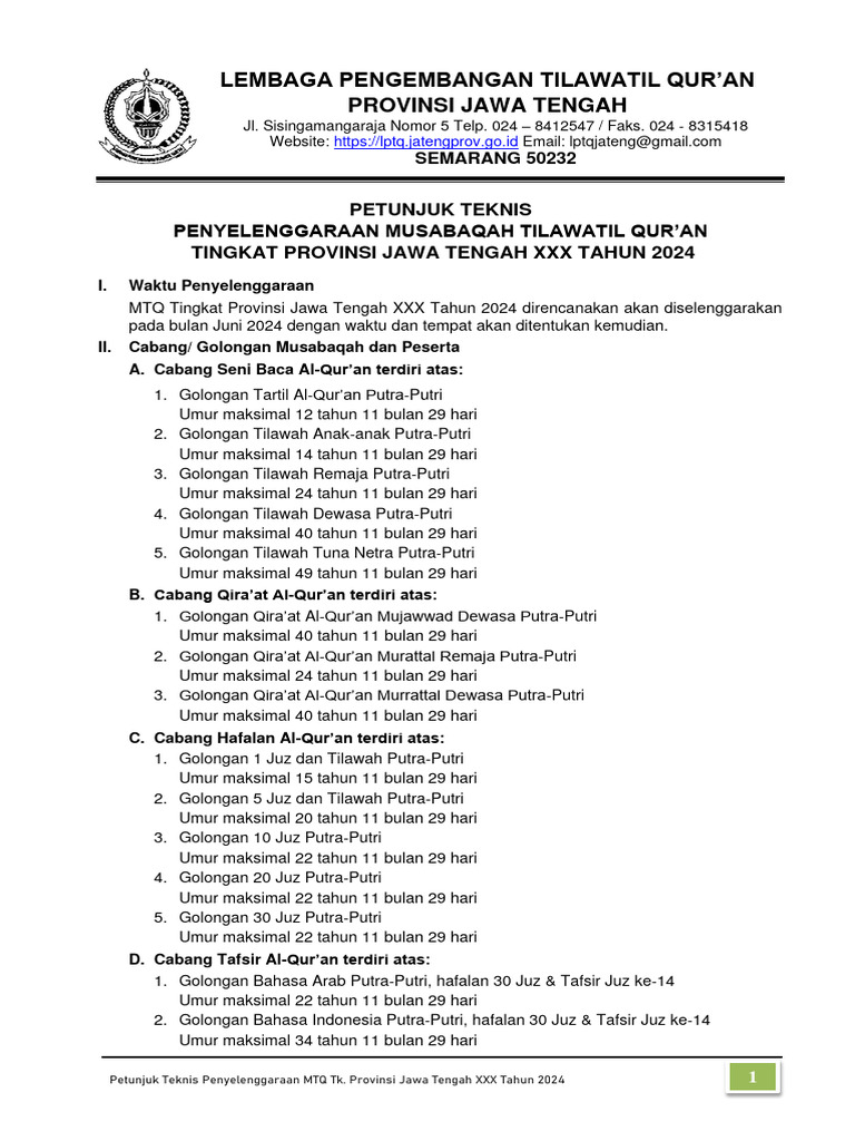 Juknis MTQ TK Provinsi Jawa Tengah XXX Tahun 2024-Fix | PDF | Perjalanan