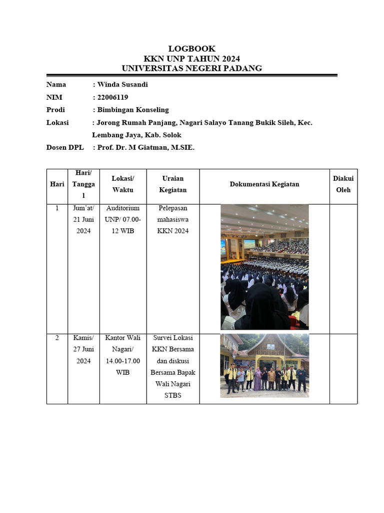 Logbook KKN UNP 2024 di Jorong Rumah Panjang | PDF | Kajian Bahasa Asing