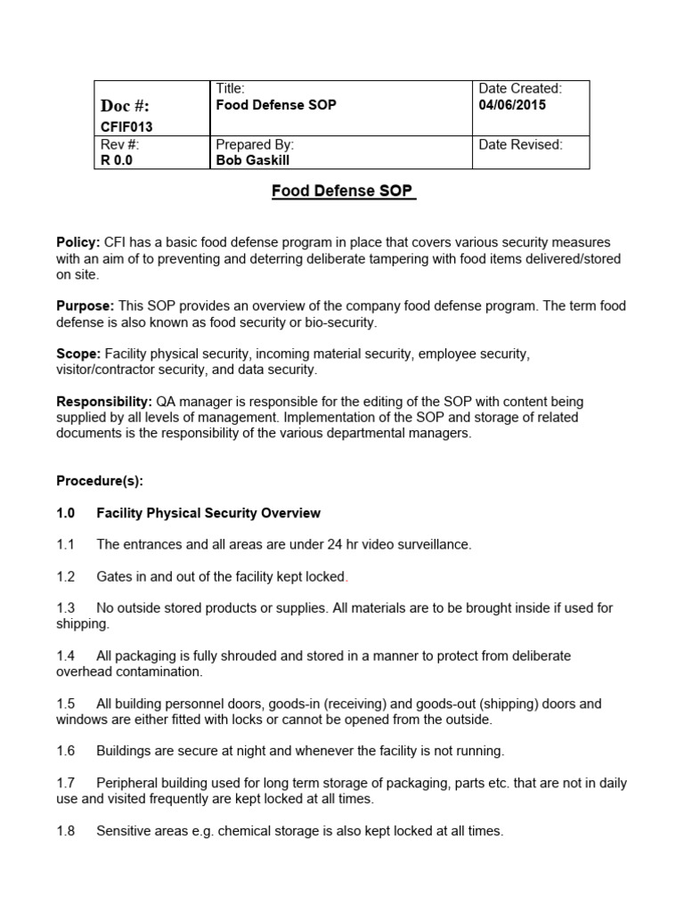 Food Defense SOP Overview and Procedures | PDF | Identity Document ...