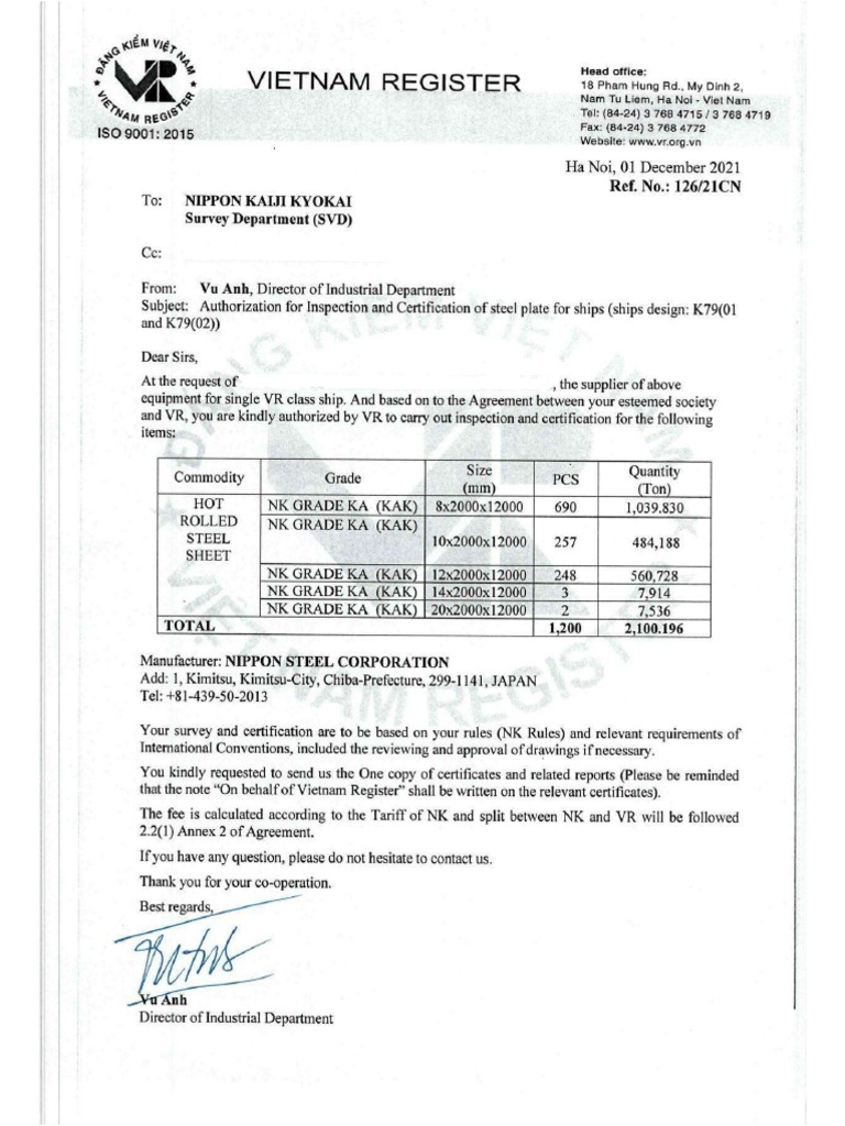 Official letter from VR to Nippon steel (NK) 2 | PDF