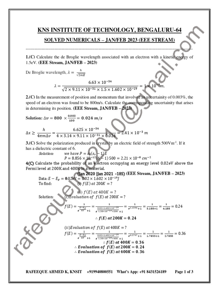 Solved Numericals - Jan 2023 - Eee-Wwm | PDF | Laser | Electron