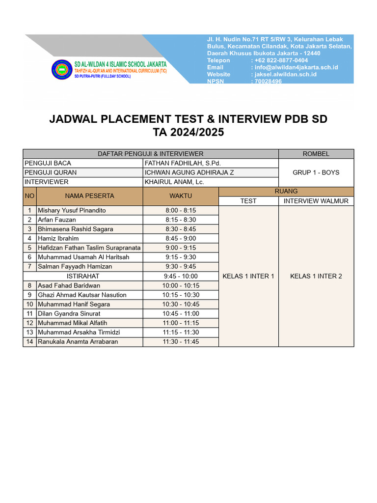 Jadwal Placement Test PDB - SD Ta 24 - 25 | PDF