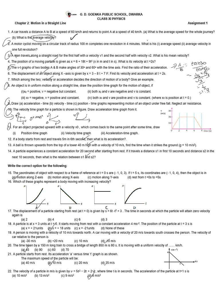 XI Physics CH 2 Assignment | PDF | Acceleration | Velocity