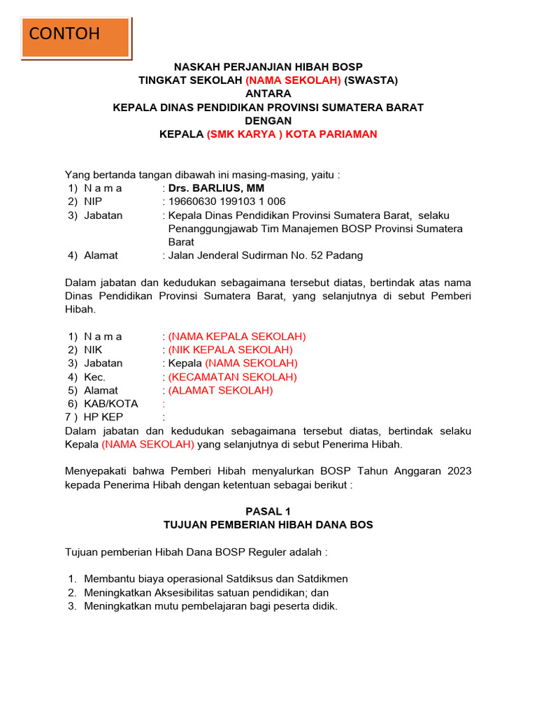 NASKAH PERJANJIAN HIBAH (NPH) BOS 2023 Pinal | PDF