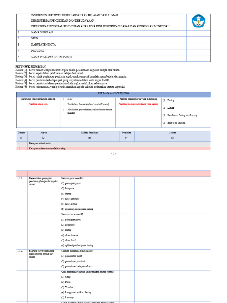 Lembar Kerja Instrumen Supervisi BDR | PDF