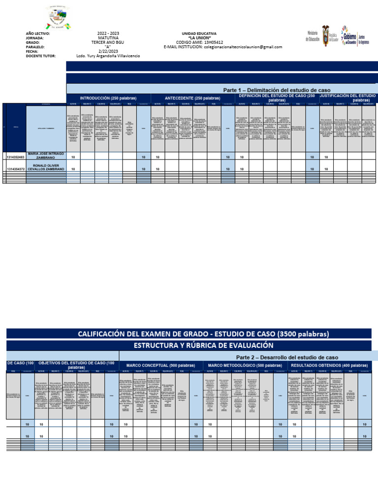 Calificación Del Examen de Grado Estudio de Caso 2022-2023 | PDF | Caso de estudio | Science