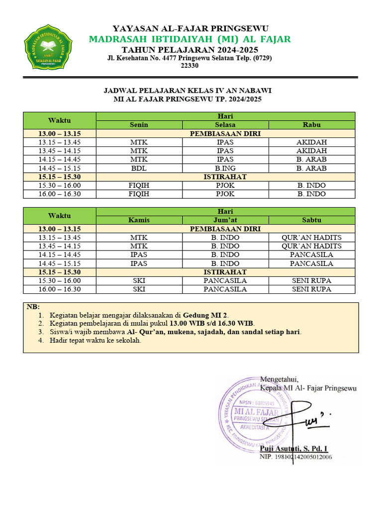 Jadwal Pelajaran Kelas IV MI Al Fajar | PDF