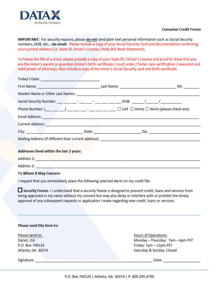 Datax Credit Freeze Request | PDF | Social Security Number | Credit