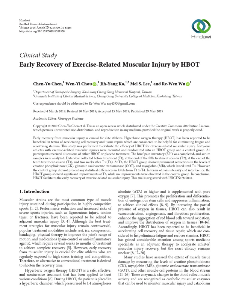 Early Recovery of Exercise-Related Muscular Injury by HBOT | PDF | Clinical Medicine | Medical ...