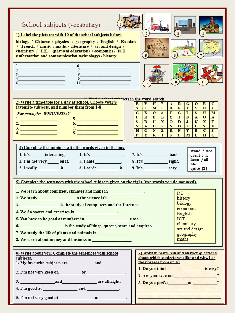 School Subjects Vocabulary Information Gap Activities Oneonone ...