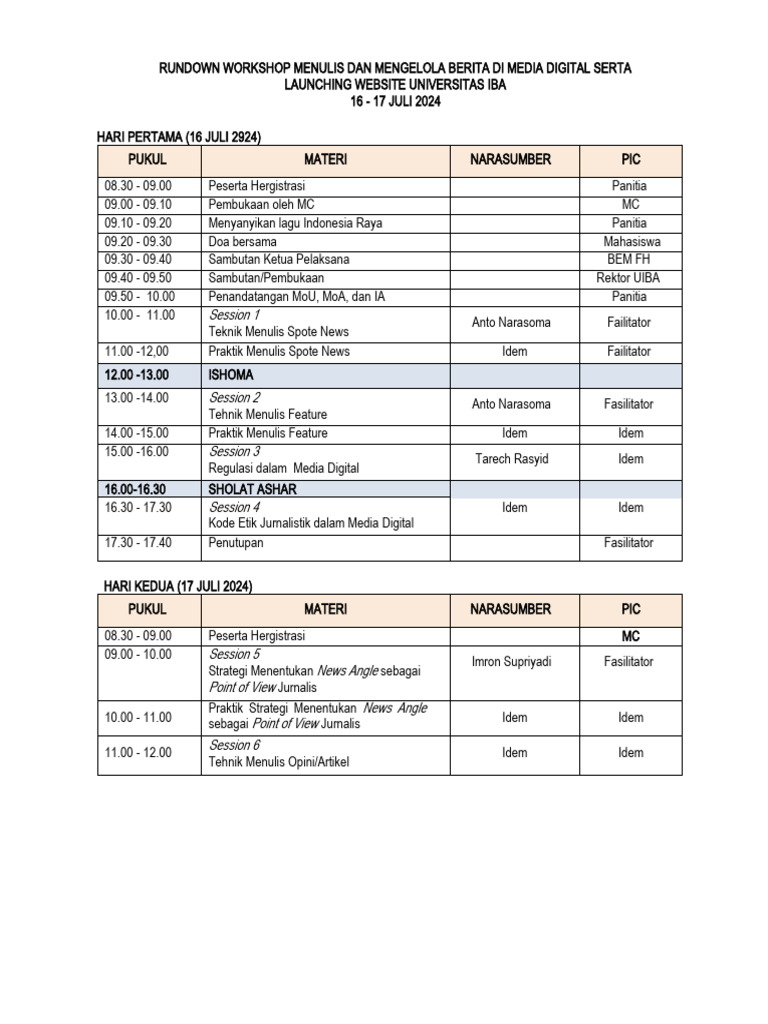 Rundown Workshop Menulis Dan Mengelola Berita Di Media Digital Serta ...