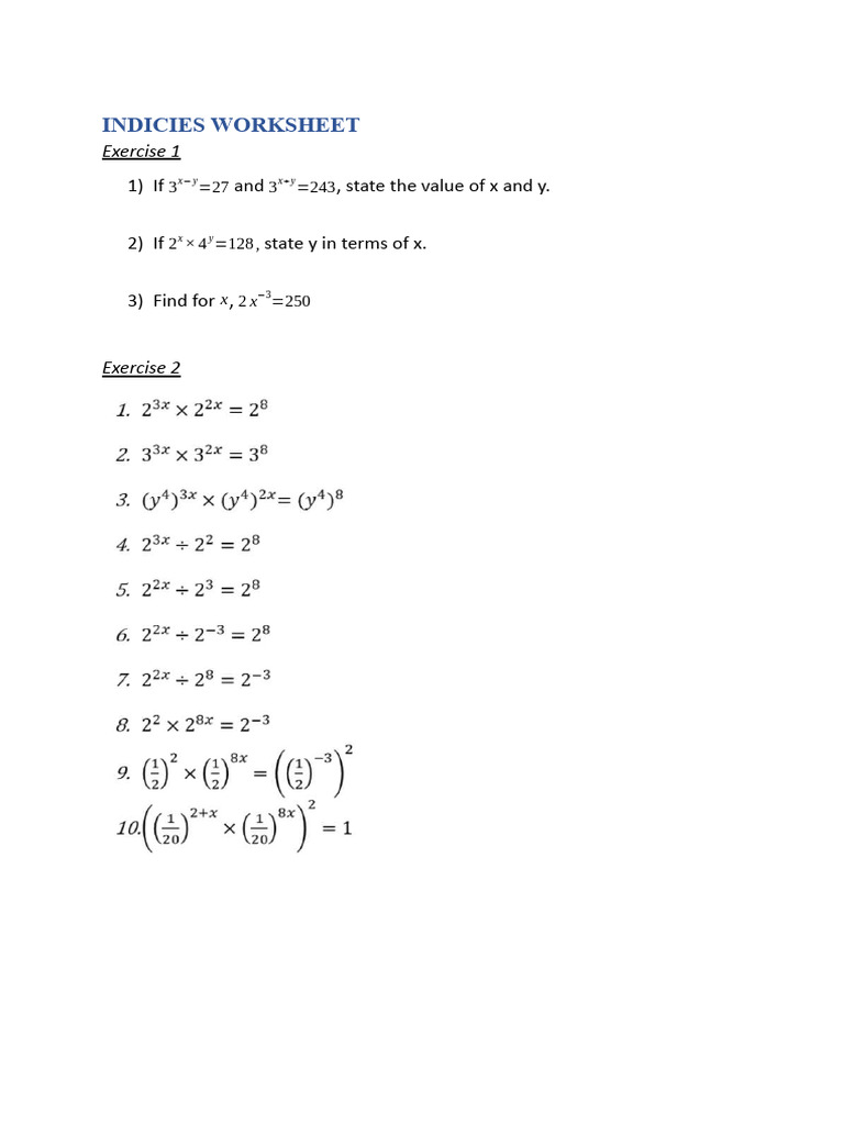 Indices Worksheet for Grades 7-10 | PDF