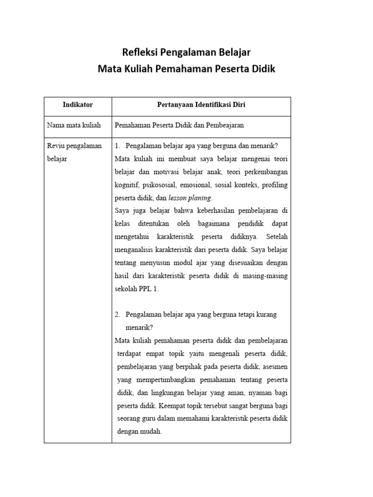 Refleksi Pembelajaran Peserta Didik | PDF