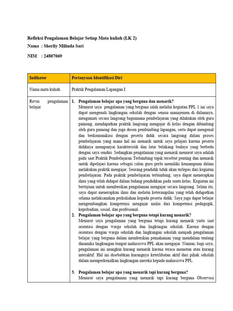 Refleksi PPL 1: Pengalaman Belajar dan Analisis | PDF | Karier ...
