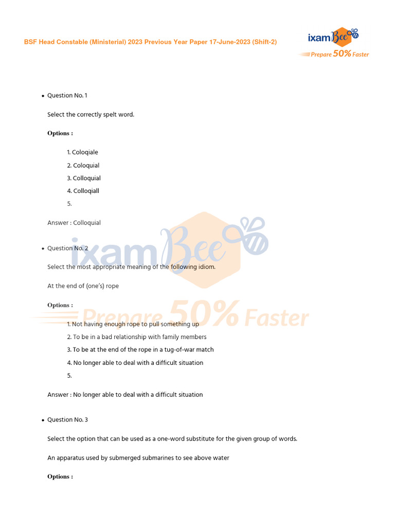 BSF Head Constable (Ministerial) 2023 Previous Year Paper 17-June-2023 ...