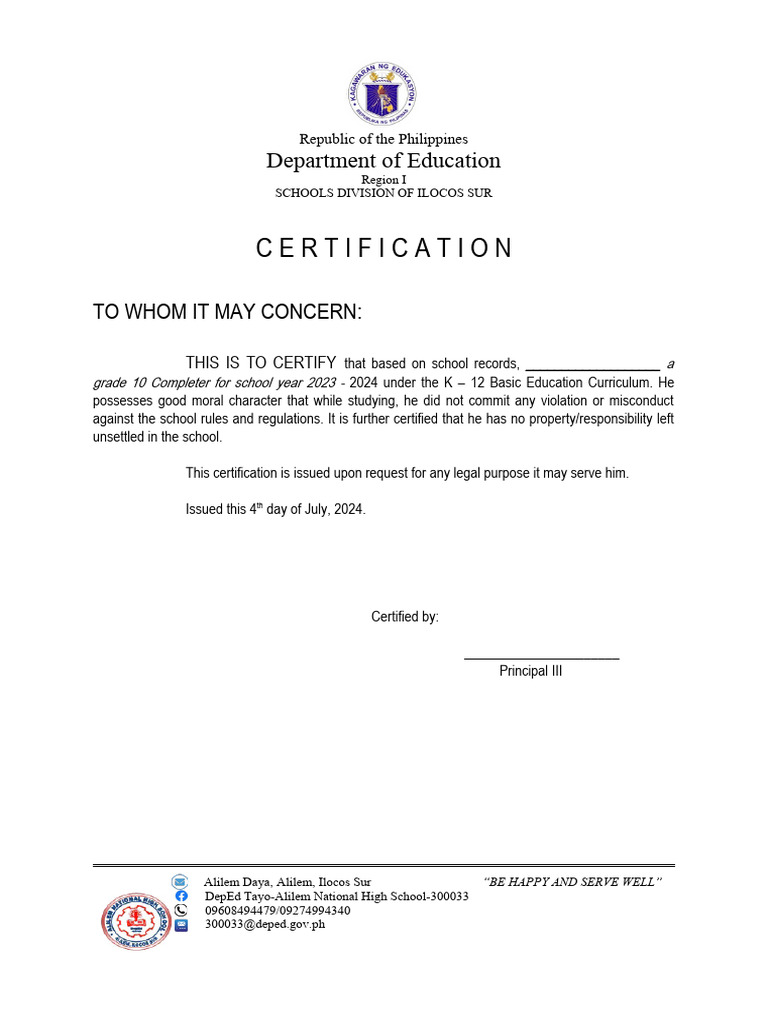 G10 Certificate of Good Moral Character | PDF