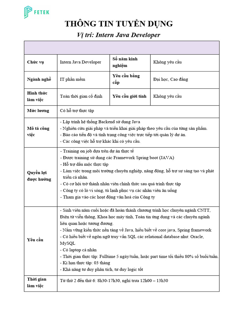 (FETEK) JD Intern Java Developer | PDF