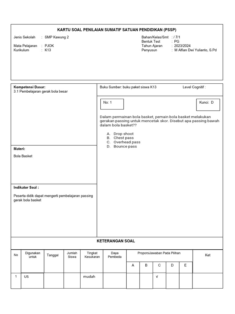 Kartu Soal PSSP Penjas | PDF