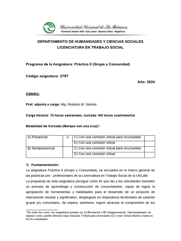 Programa Practica II - 1er Cuatrimestre 2024 - 1 | PDF | Trabajo Social | Evaluación