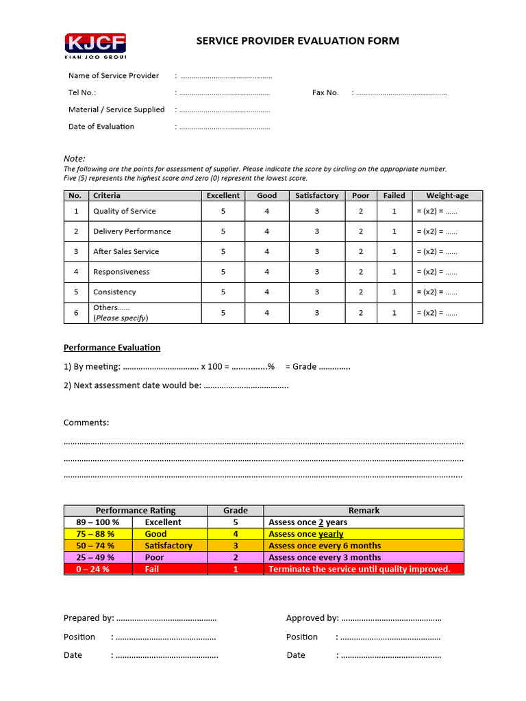 Service Provider Assessment or Supplier Evaluation Form | PDF