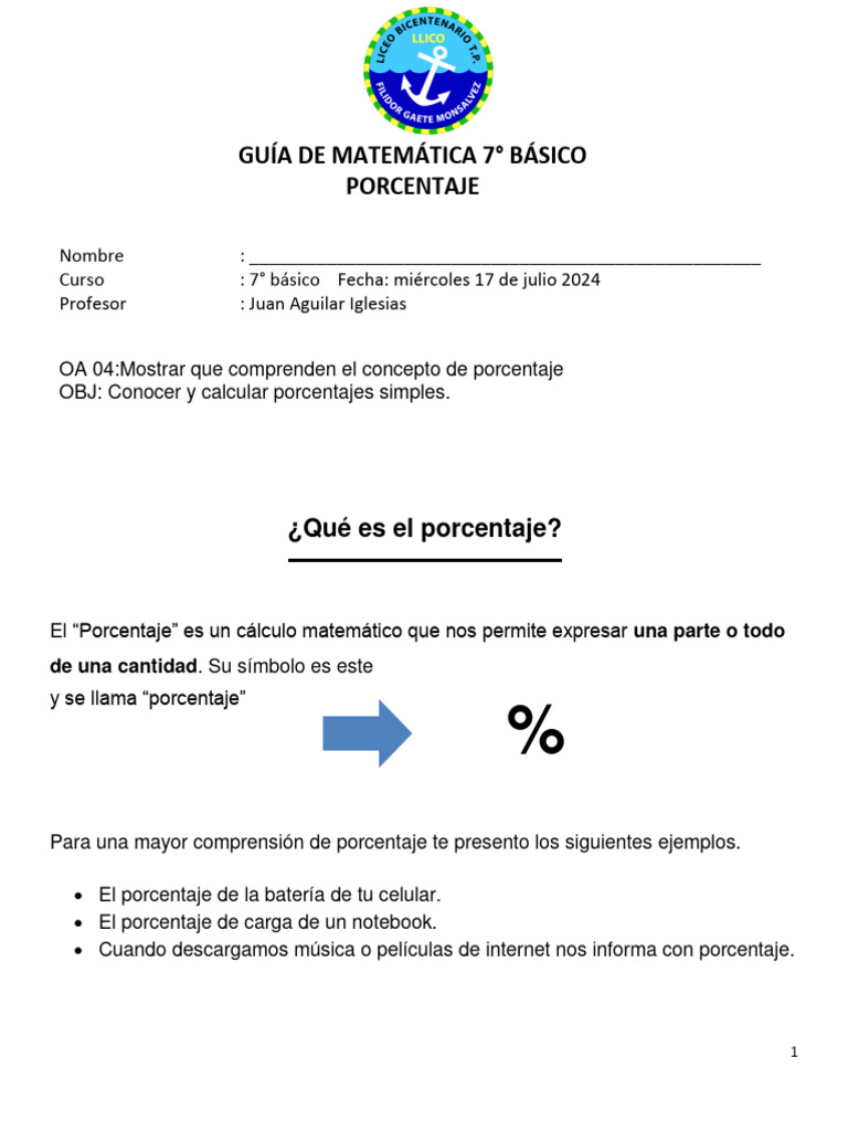Guía de Séptimo Porcentaje 17 de Julio | PDF | Porcentaje | Matemáticas