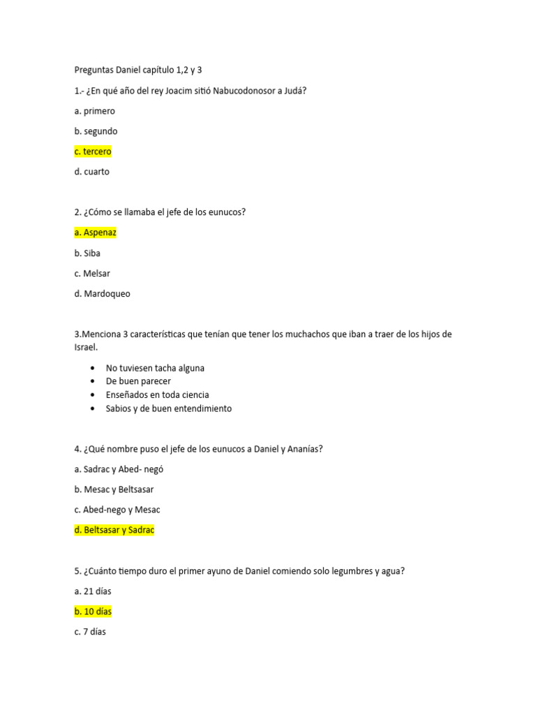 Preguntas sobre Daniel: Capítulos 1-3 | PDF