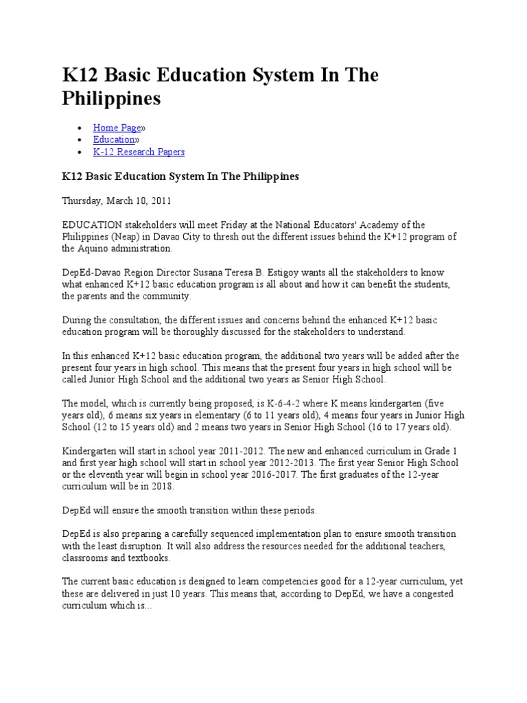 K12 Basic Education System in The Philippines | PDF | Quality Of Life ...